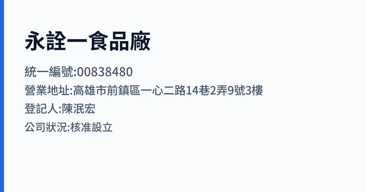 永詮一食品廠 - 統編 00838480(高雄市) 公司登記資料與營業項目詳細圖表