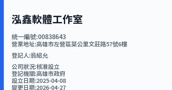 泓鑫軟體工作室的照片-統編 00838643(高雄市) 公司登記資料與營業項目詳細圖表
