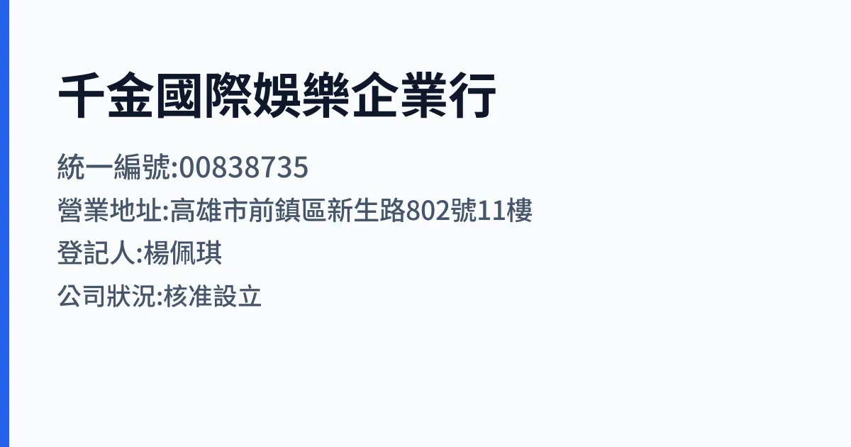 千金國際娛樂企業行 - 統編 00838735(高雄市) 公司登記資料與營業項目詳細圖表