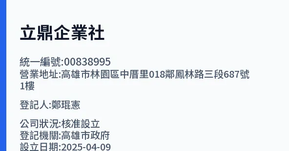 立鼎企業社的照片-統編 00838995(高雄市) 公司登記資料與營業項目詳細圖表