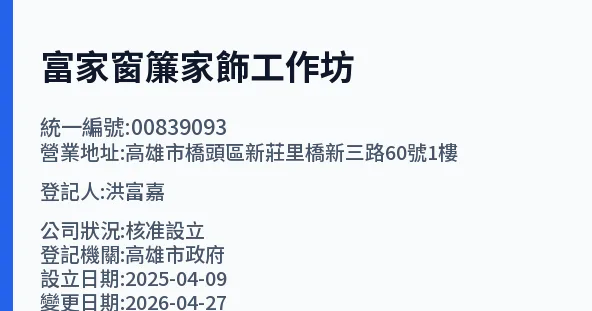 富家窗簾家飾工作坊的照片-統編 00839093(高雄市) 公司登記資料與營業項目詳細圖表