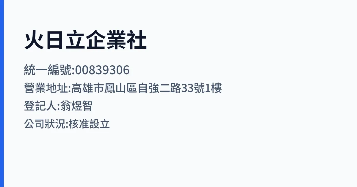 火日立企業社 - 統編 00839306(高雄市) 公司登記資料與營業項目詳細圖表