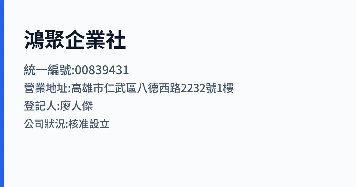 鴻聚企業社 - 統編 00839431(高雄市) 公司登記資料與營業項目詳細圖表