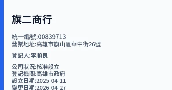 旗二商行的照片-統編 00839713(高雄市) 公司登記資料與營業項目詳細圖表