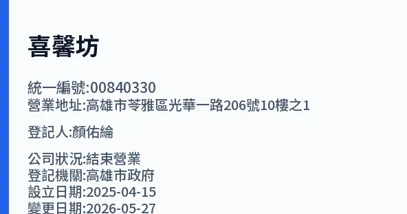 喜馨坊的照片-統編 00840330(高雄市) 公司登記資料與營業項目詳細圖表
