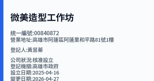 微美造型工作坊的照片-統編 00840872(高雄市) 公司登記資料與營業項目詳細圖表