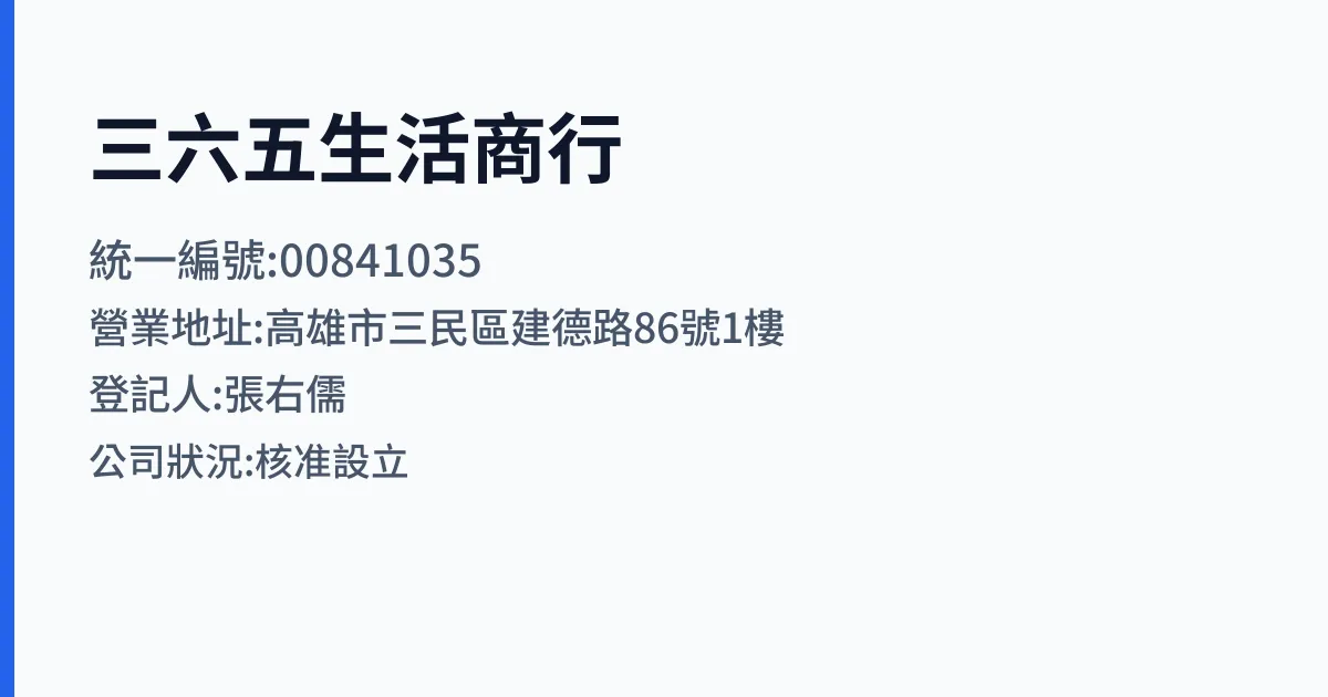 三六五生活商行 - 統編 00841035(高雄市) 公司登記資料與營業項目詳細圖表