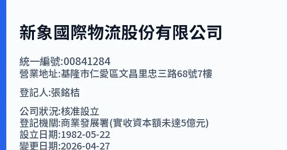 新象國際物流股份有限公司的照片-統編 00841284(基隆市) 公司登記資料與營業項目詳細圖表
