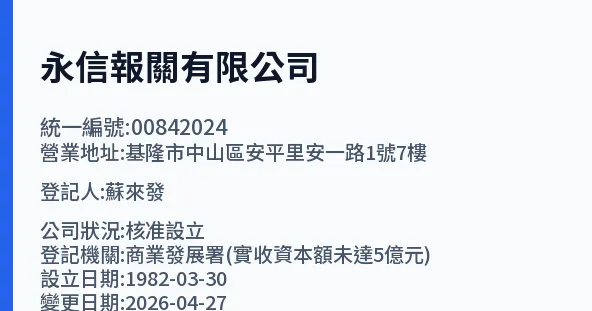 永信報關有限公司的照片-統編 00842024(基隆市) 公司登記資料與營業項目詳細圖表