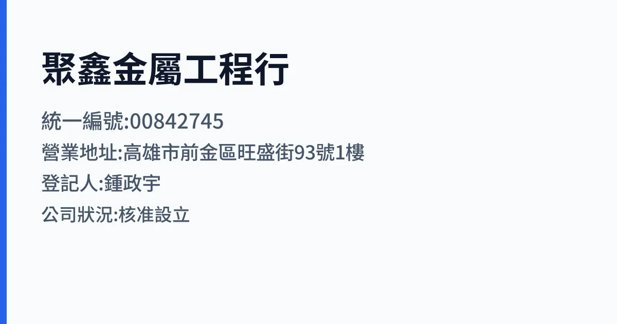 聚鑫金屬工程行 - 統編 00842745(高雄市) 公司登記資料與營業項目詳細圖表