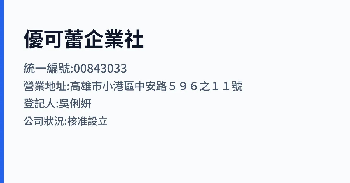 優可蕾企業社 - 統編 00843033（高雄市） 公司登記資料與營業項目詳細圖表