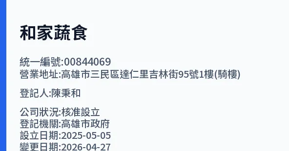 和家蔬食的照片-統編 00844069(高雄市) 公司登記資料與營業項目詳細圖表