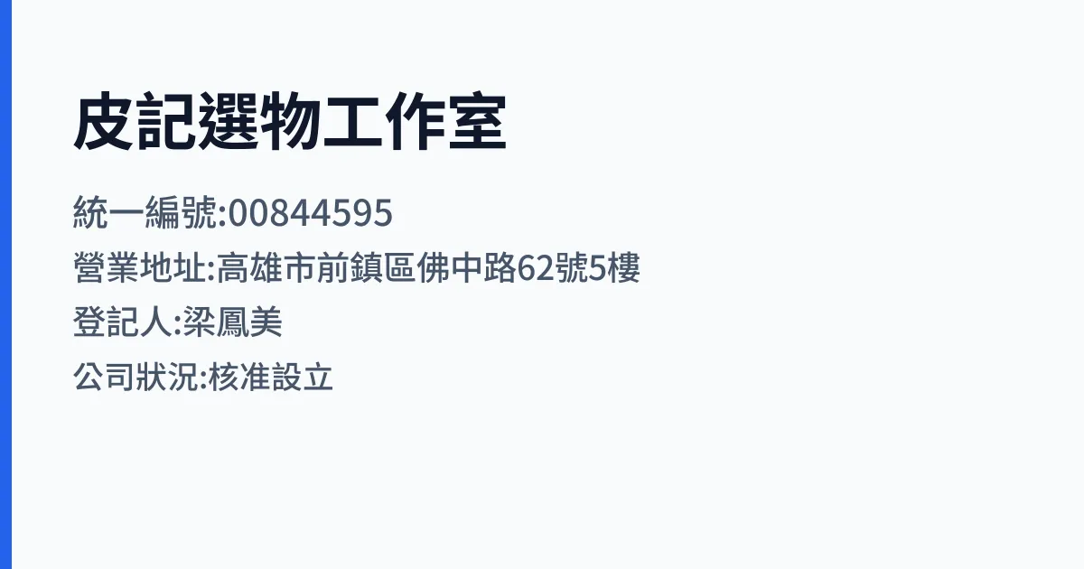 皮記選物工作室 - 統編 00844595(高雄市) 公司登記資料與營業項目詳細圖表