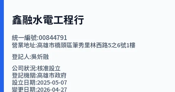 鑫融水電工程行的照片-統編 00844791(高雄市) 公司登記資料與營業項目詳細圖表