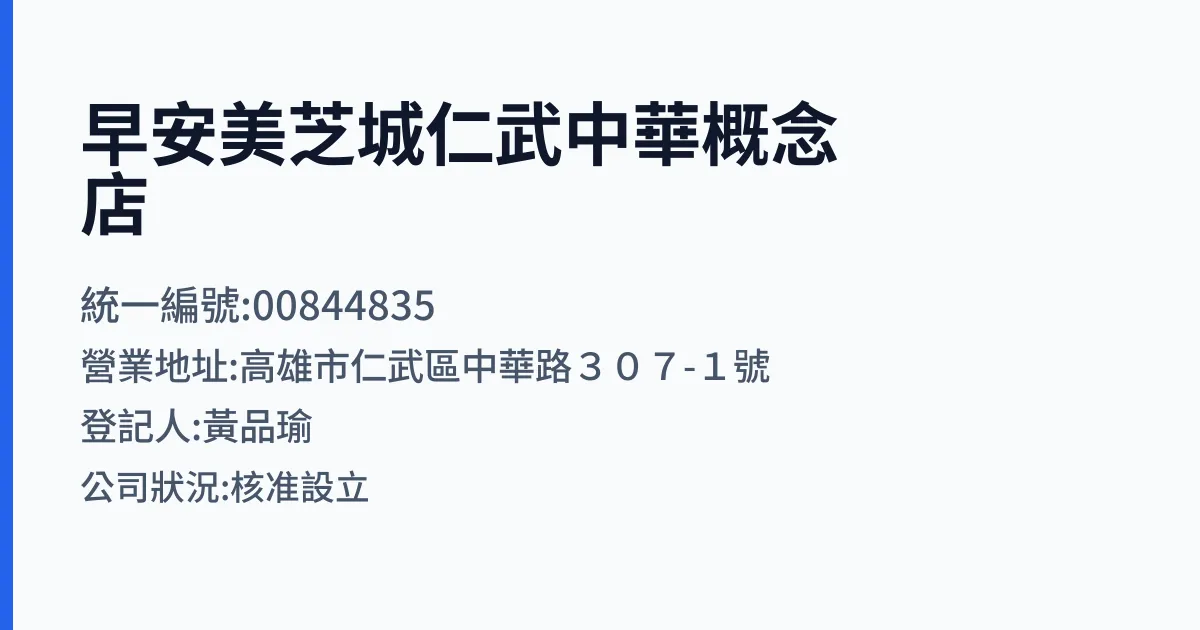 早安美芝城仁武中華概念店 - 統編 00844835(高雄市) 公司登記資料與營業項目詳細圖表