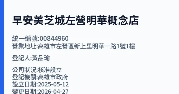 早安美芝城左營明華概念店的照片-統編 00844960(高雄市) 公司登記資料與營業項目詳細圖表