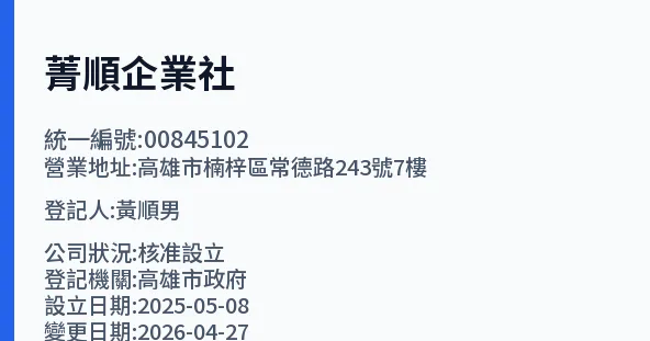 菁順企業社的照片-統編 00845102(高雄市) 公司登記資料與營業項目詳細圖表