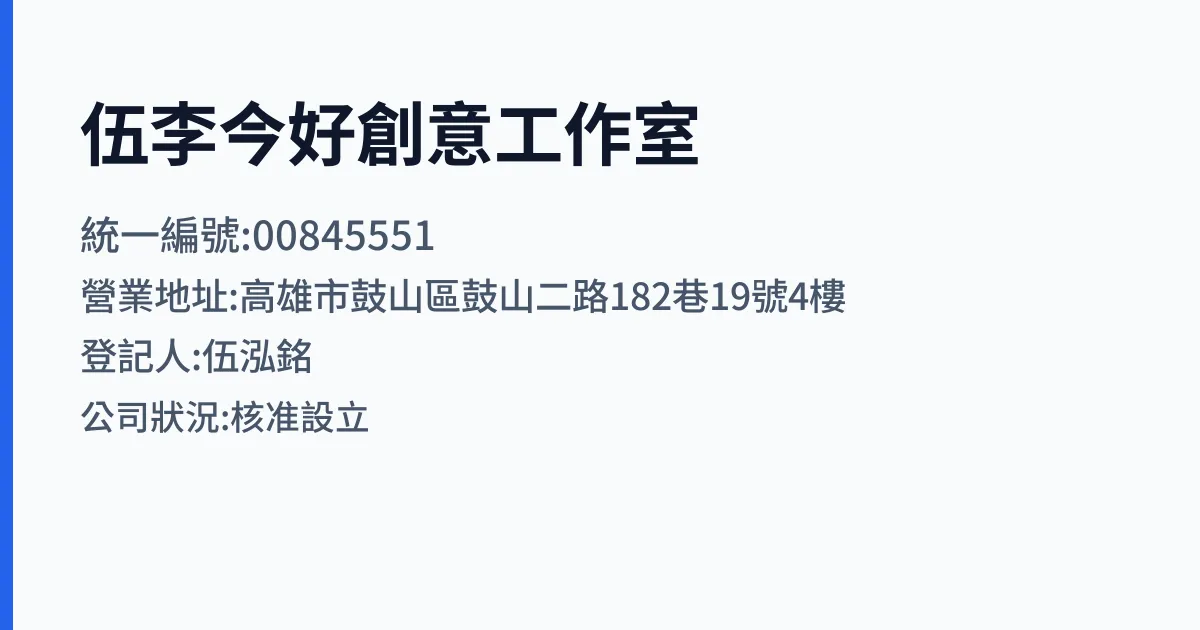 伍李今好創意工作室 - 統編 00845551(高雄市) 公司登記資料與營業項目詳細圖表