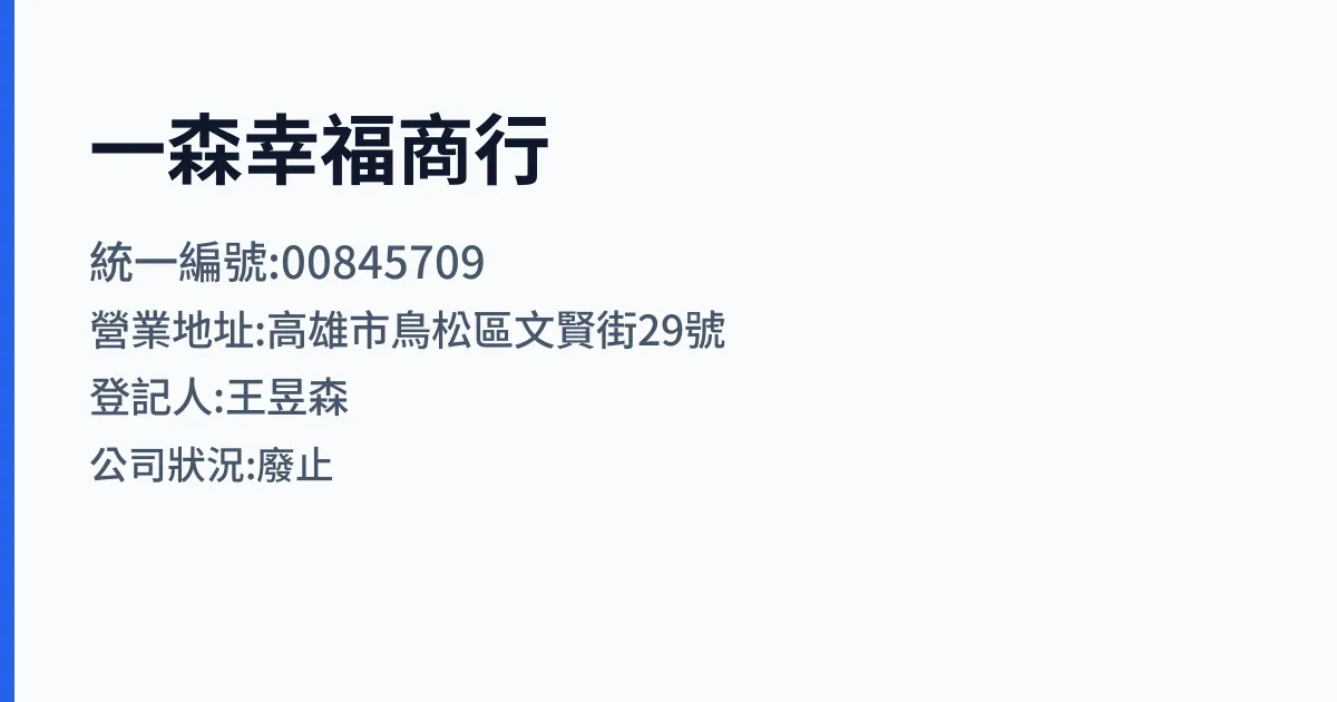 一森幸福商行 - 統編 00845709(高雄市) 公司登記資料與營業項目詳細圖表