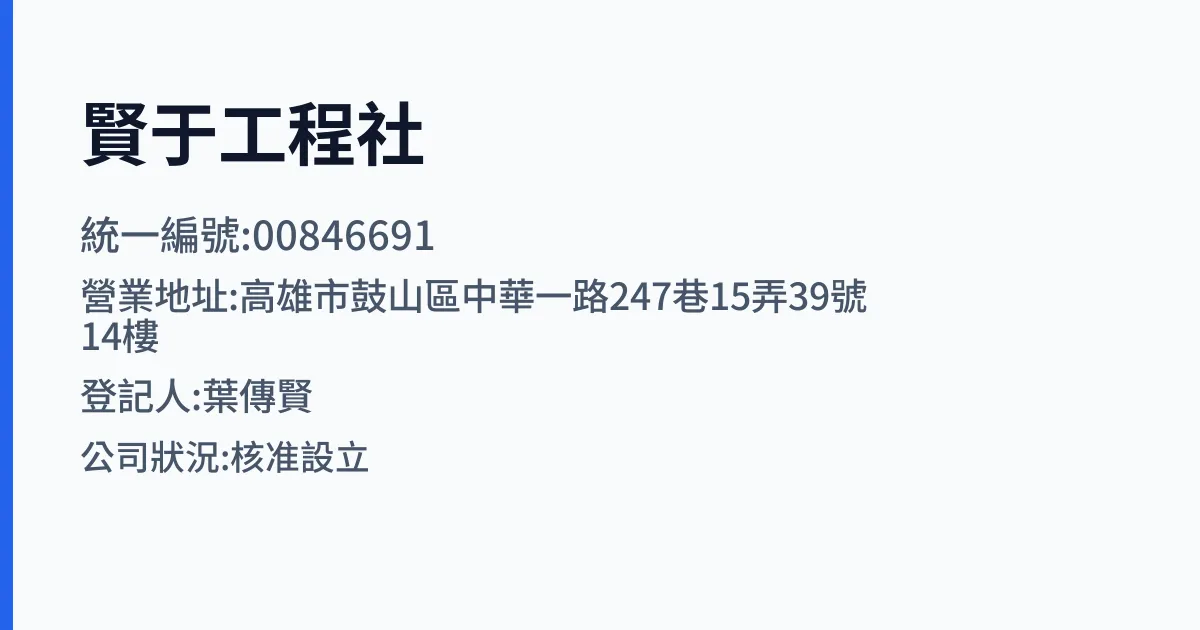 賢于工程社 - 統編 00846691（高雄市） 公司登記資料與營業項目詳細圖表