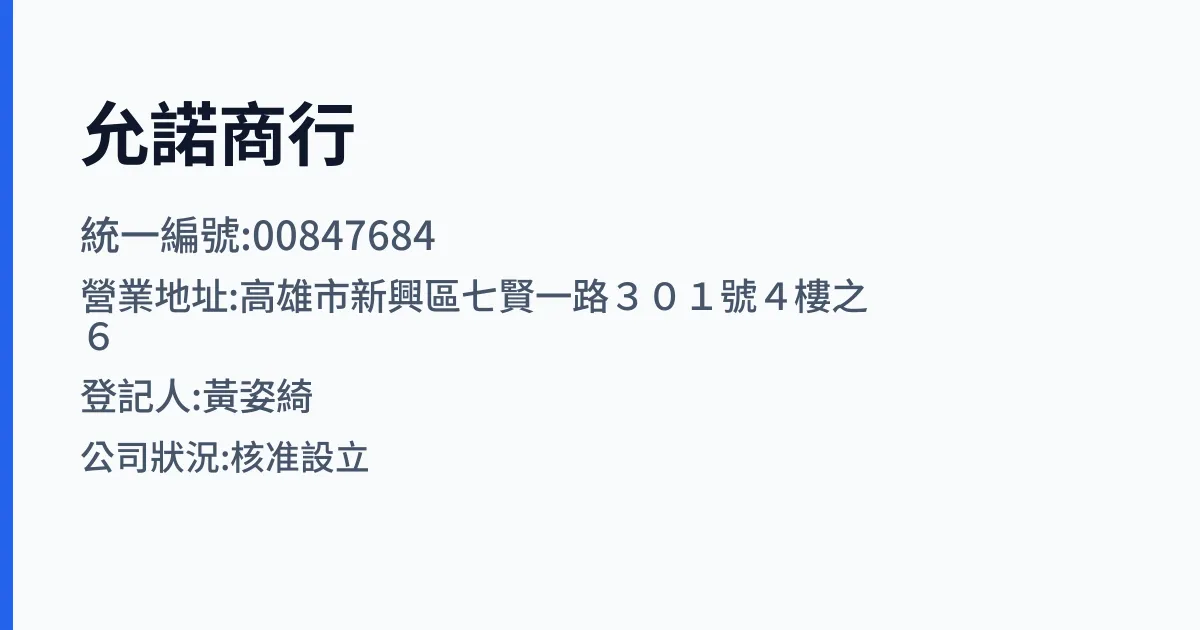 允諾商行 - 統編 00847684(高雄市) 公司登記資料與營業項目詳細圖表