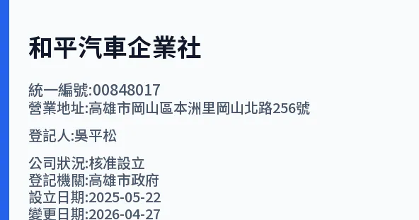 和平汽車企業社的照片-統編 00848017(高雄市) 公司登記資料與營業項目詳細圖表