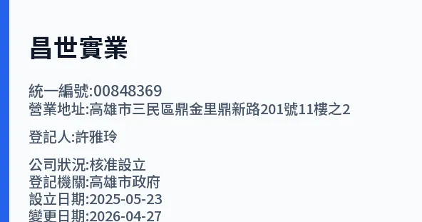 昌世實業的照片-統編 00848369(高雄市) 公司登記資料與營業項目詳細圖表