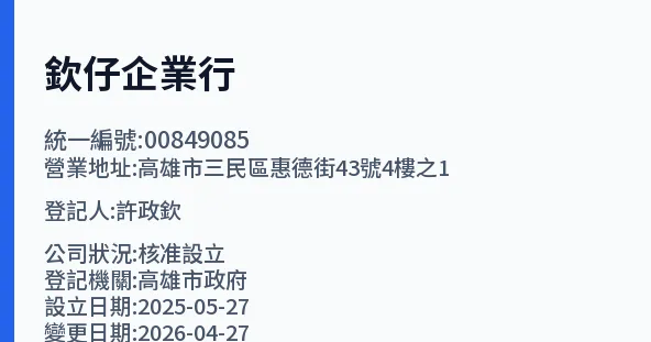 欽仔企業行的照片-統編 00849085(高雄市) 公司登記資料與營業項目詳細圖表