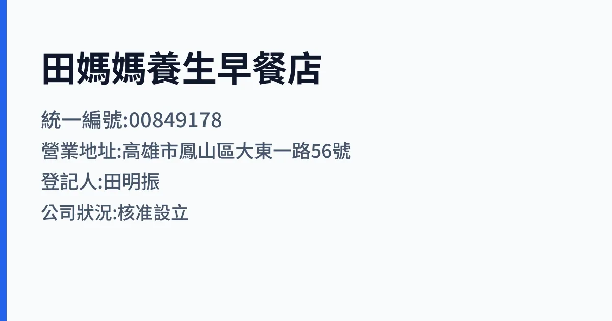 田媽媽養生早餐店 - 統編 00849178(高雄市) 公司登記資料與營業項目詳細圖表