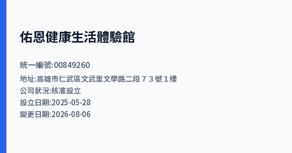 佑恩健康生活體驗館的照片-統編 00849260 公司登記資料與營業項目詳細圖表