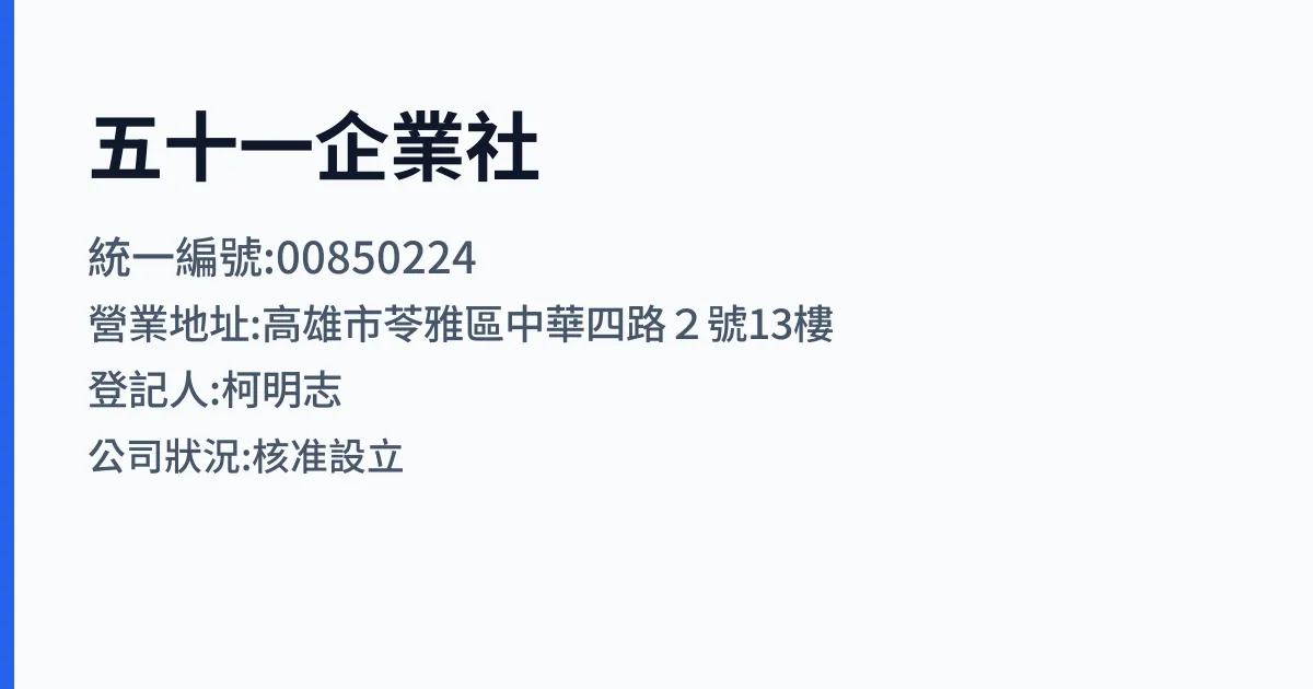 五十一企業社 - 統編 00850224(高雄市) 公司登記資料與營業項目詳細圖表