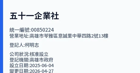 五十一企業社的照片-統編 00850224(高雄市) 公司登記資料與營業項目詳細圖表