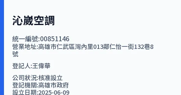 沁崴空調的照片-統編 00851146(高雄市) 公司登記資料與營業項目詳細圖表