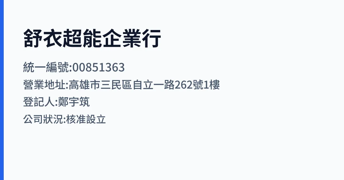 舒衣超能企業行 - 統編 00851363（高雄市） 公司登記資料與營業項目詳細圖表