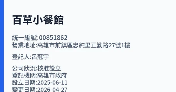 百草小餐館的照片-統編 00851862(高雄市) 公司登記資料與營業項目詳細圖表