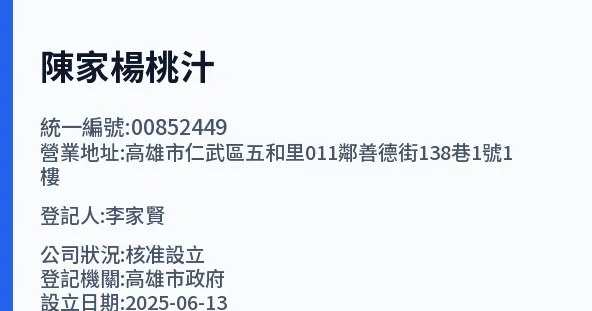 陳家楊桃汁的照片-統編 00852449(高雄市) 公司登記資料與營業項目詳細圖表