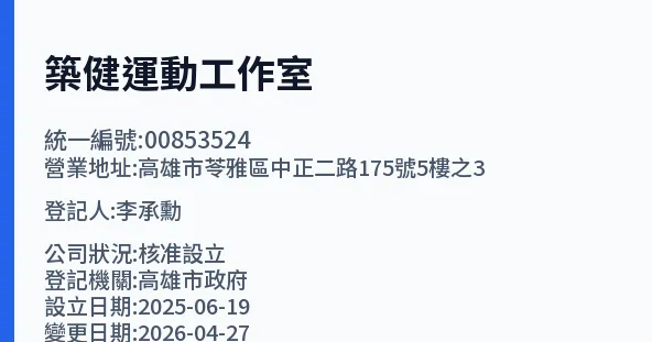築健運動工作室的照片-統編 00853524(高雄市) 公司登記資料與營業項目詳細圖表