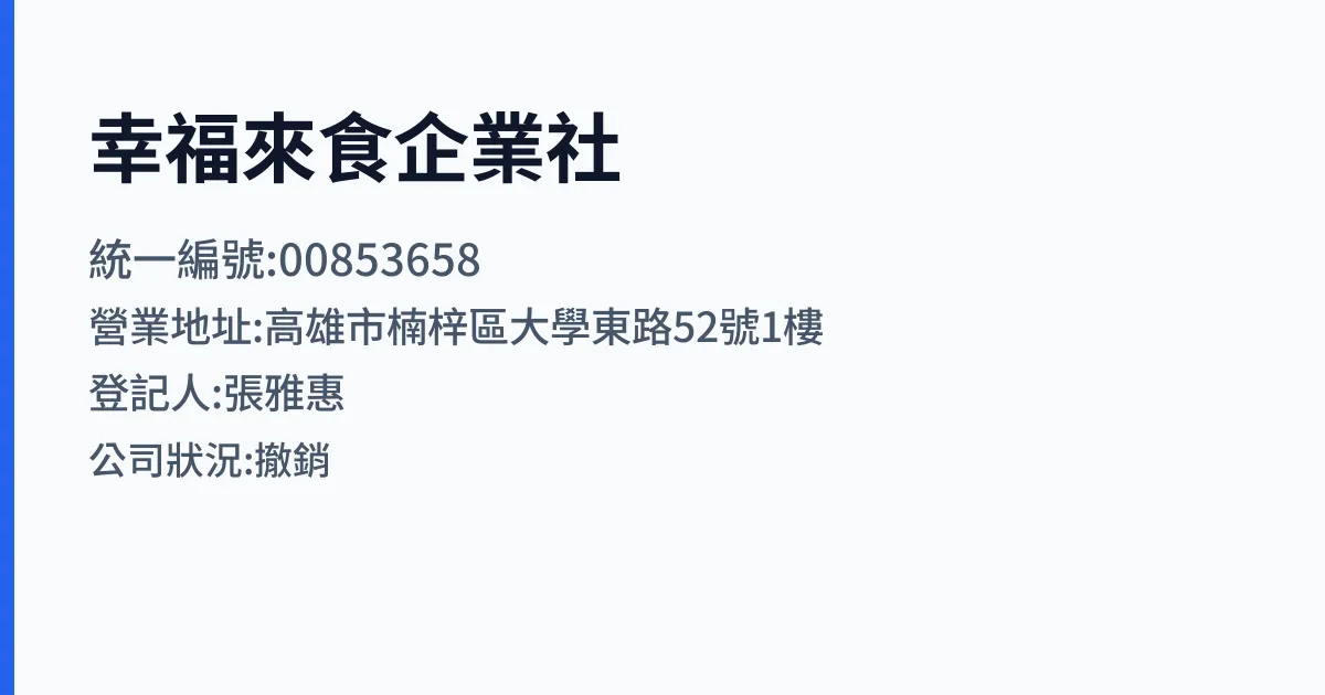 幸福來食企業社 - 統編 00853658(高雄市) 公司登記資料與營業項目詳細圖表