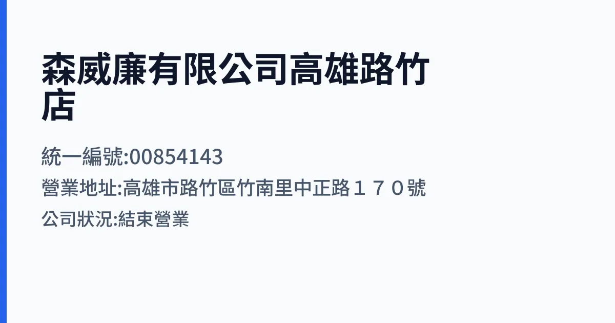 森威廉有限公司高雄路竹店 - 統編 00854143(高雄市) 公司登記資料與營業項目詳細圖表