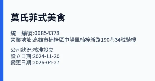 莫氏菲式美食的照片-統編 00854328(高雄市) 公司登記資料與營業項目詳細圖表