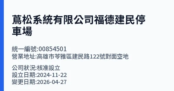 蔦松系統有限公司福德建民停車場的照片-統編 00854501(高雄市) 公司登記資料與營業項目詳細圖表