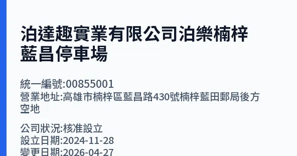 泊達趣實業有限公司泊樂楠梓藍昌停車場的照片-統編 00855001(高雄市) 公司登記資料與營業項目詳細圖表