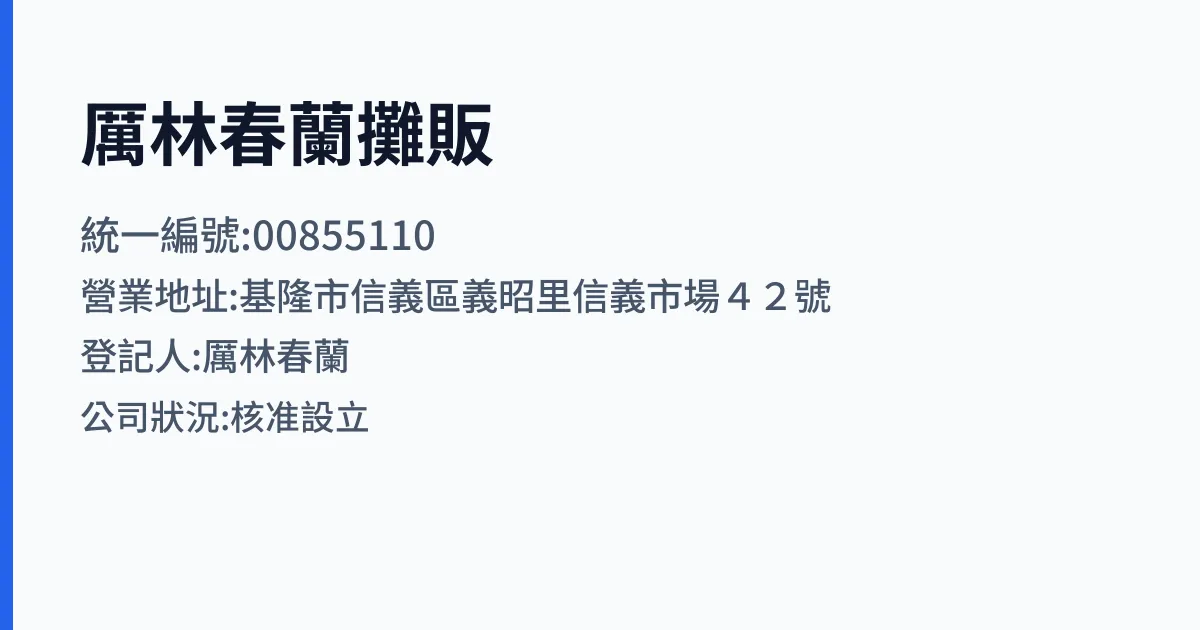 厲林春蘭攤販 - 統編 00855110(基隆市) 公司登記資料與營業項目詳細圖表