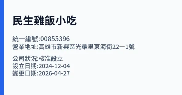 民生雞飯小吃的照片-統編 00855396(高雄市) 公司登記資料與營業項目詳細圖表