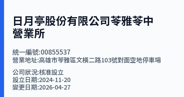 日月亭股份有限公司苓雅苓中營業所的照片-統編 00855537(高雄市) 公司登記資料與營業項目詳細圖表