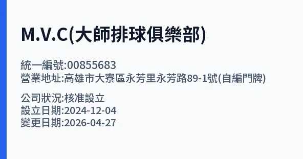 M.V.C(大師排球俱樂部)的照片-統編 00855683(高雄市) 公司登記資料與營業項目詳細圖表