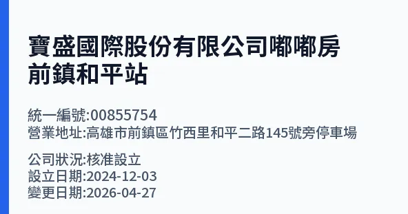 寶盛國際股份有限公司嘟嘟房前鎮和平站的照片-統編 00855754(高雄市) 公司登記資料與營業項目詳細圖表