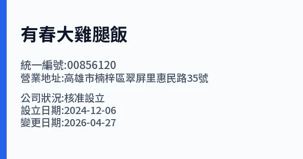 有春大雞腿飯的照片-統編 00856120(高雄市) 公司登記資料與營業項目詳細圖表