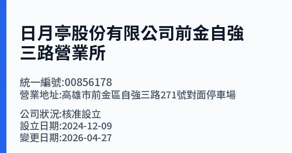 日月亭股份有限公司前金自強三路營業所的照片-統編 00856178(高雄市) 公司登記資料與營業項目詳細圖表