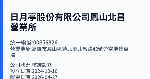 日月亭股份有限公司鳳山北昌營業所的照片-統編 00856326(高雄市) 公司登記資料與營業項目詳細圖表